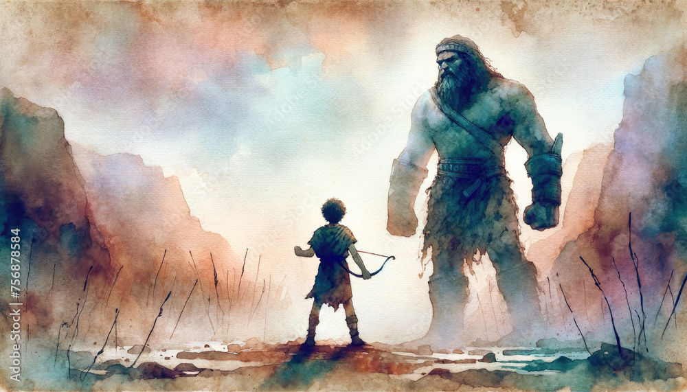 David and Goliath. Digital painting of an ancient warrior with a giant ...