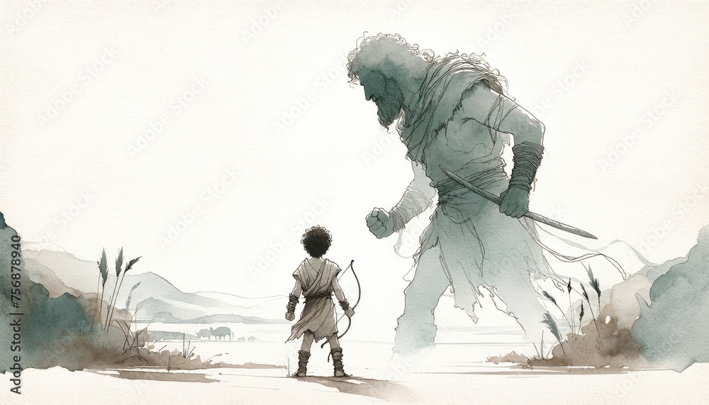 David and Goliath. Digital painting of an ancient warrior with a giant ...