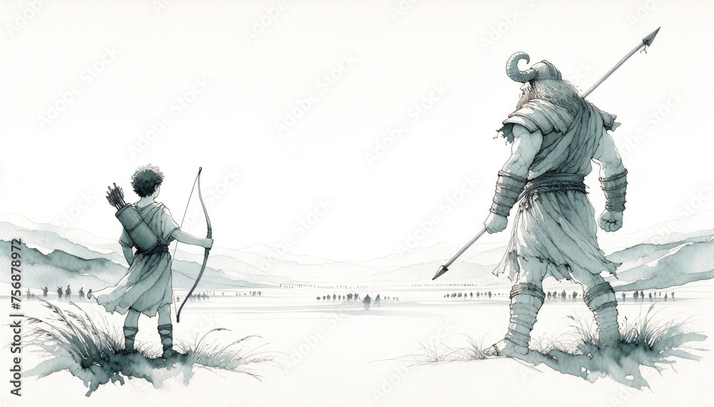David and Goliath. Digital painting of an ancient warrior with a giant ...