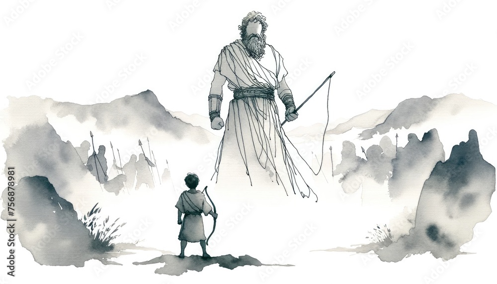 David and Goliath. Digital painting of an ancient warrior with a giant ...