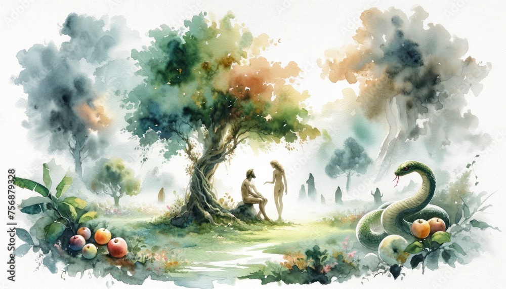 Adam and Eve in the garden of Eden. Digital illustration. Man and woman ...