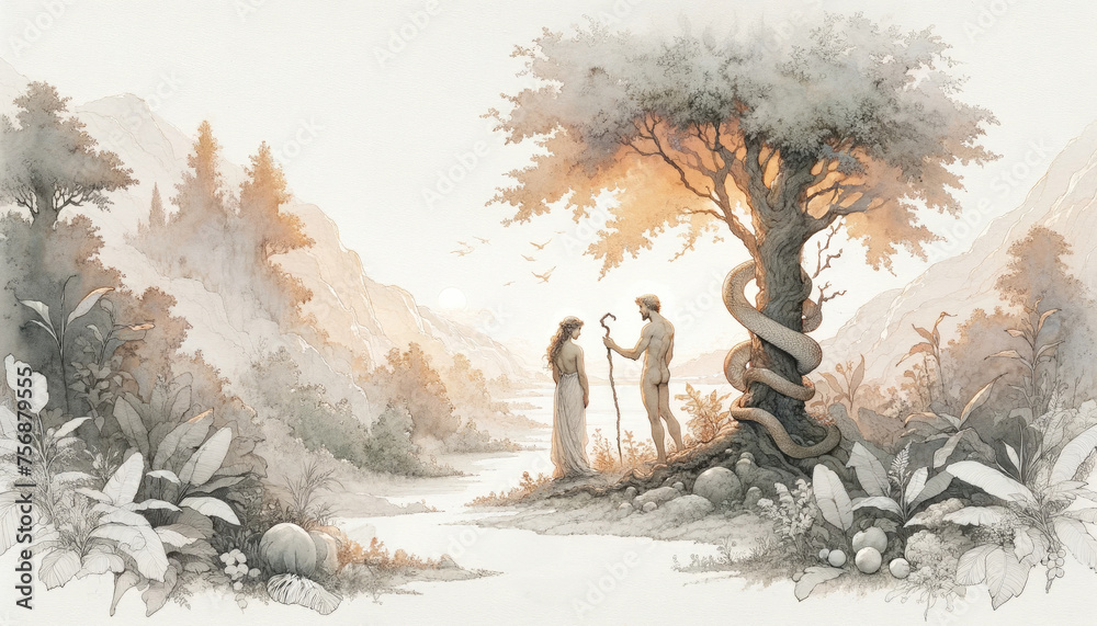 Adam and Eve in the garden of Eden. Digital illustration. Man and woman ...