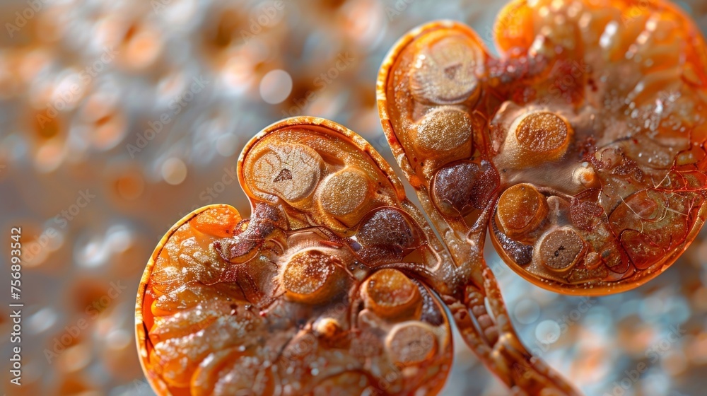 In the second image a pair of unhealthy kidneys can be seen appearing ...