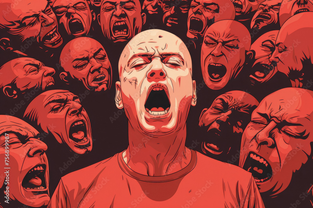 A bald man is in the center of an angry crowd. He has his hands on his ...