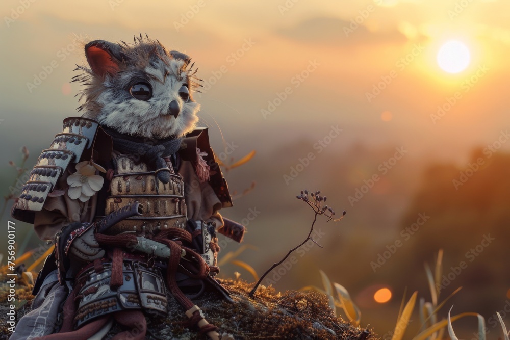 As dawn breaks over ancient lands, a baby Griffin, garbed in shogun ...