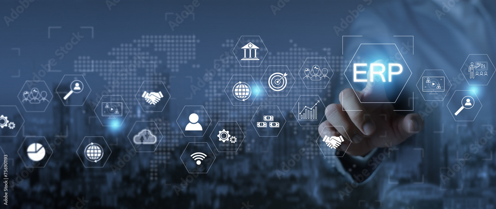 ERP enterprise resource planning system on virtual screens with ...