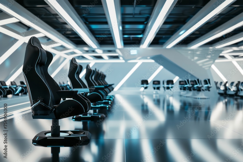 futuristic cyber sport arena filled with rows of high-tech game chairs ...