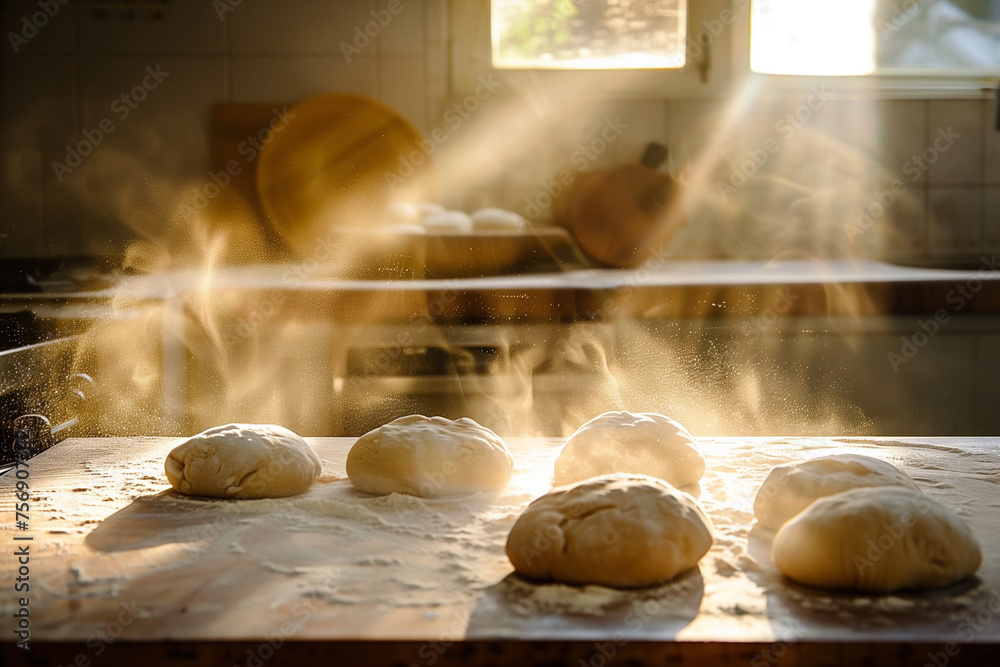 A kitchen counter with four loaves of bread and a bowl of flour. The ...