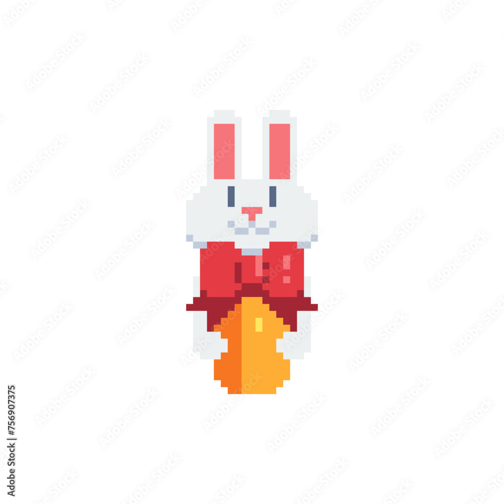 Bunny with egg, Happy Easter, pixel art flat style, cute rabbit ...