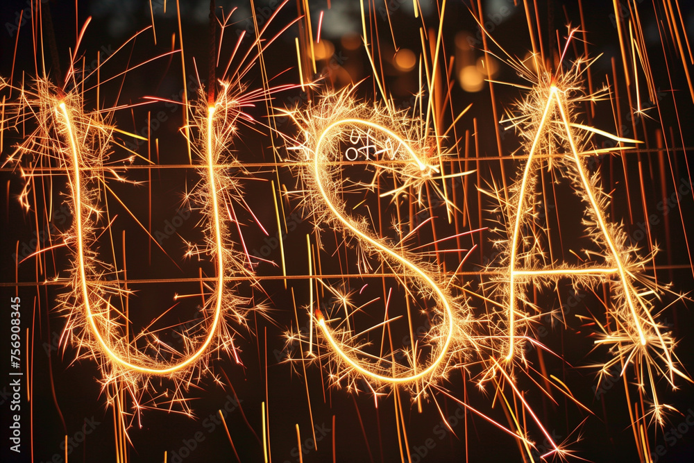 A field of firework sparks that spell out the word USA. Scene is ...