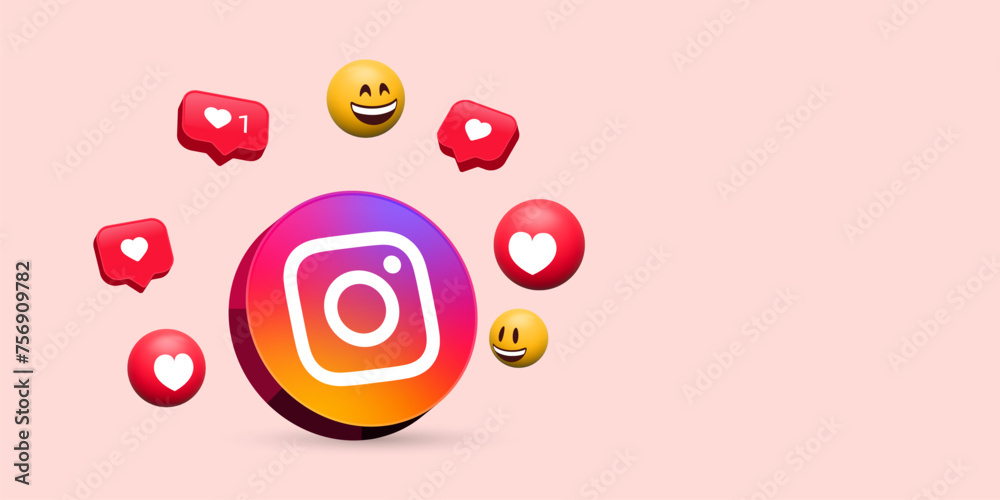 3d instagram logo social media icon with like notification icon ...