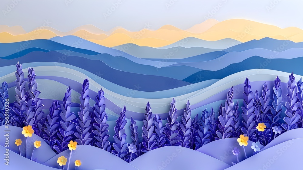 Paper Art Landscape with Mountains and Bright Flowers, To add a unique ...