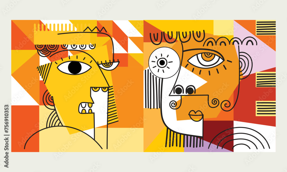 Abstract face portrait person geometric, doodle, line art hand drawn ...