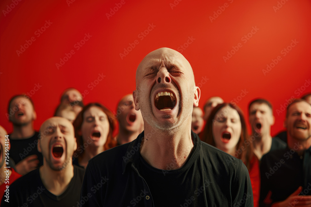 A bald man is in the center of an angry crowd. He has his hands on his ...