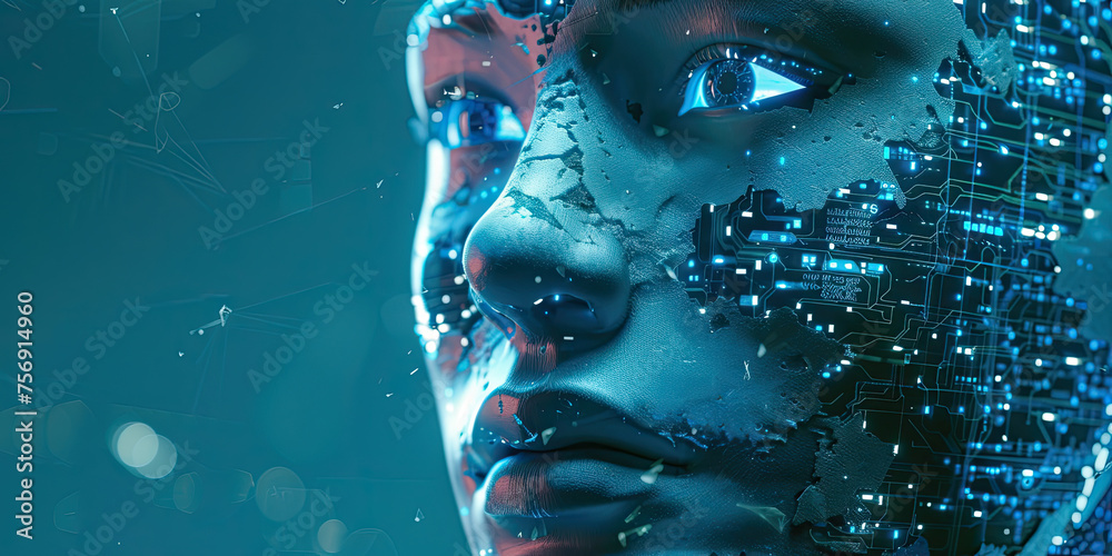 Artificial intelligence head, human face integrated with future ...