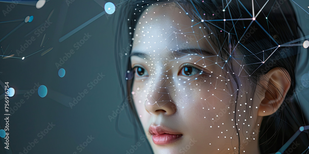 Artificial intelligence head, human face integrated with future ...