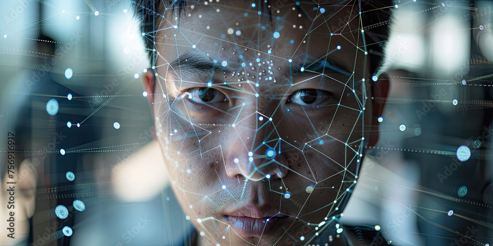 Artificial intelligence head, human face integrated with future ...