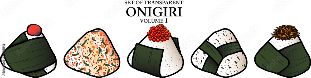 A series of Onigiri in cute hand drawn style. Set of 5 rice balls in ...