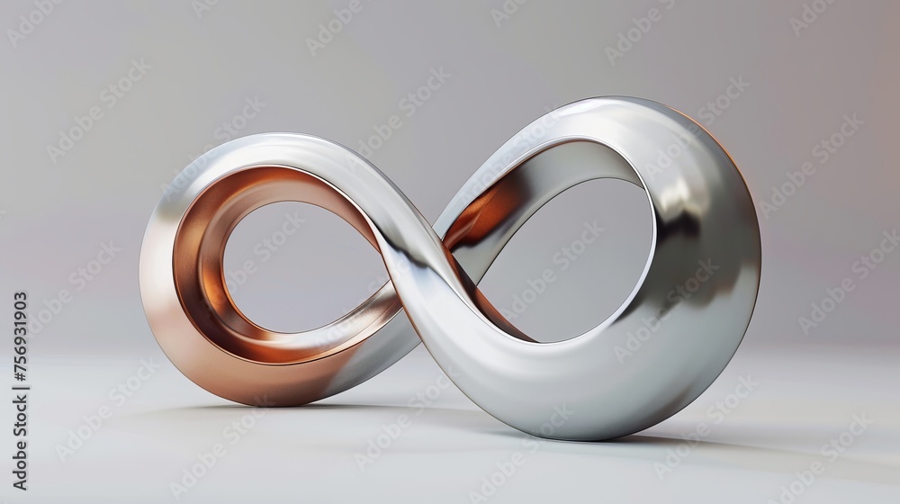 A 3D infinity shape composed of lines in aluminum and copper metal ...