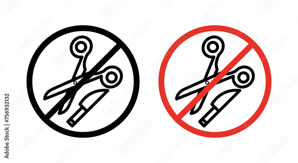 No Scissors or No Knives Sign Icon Set. Sharp Knives and scissors ...
