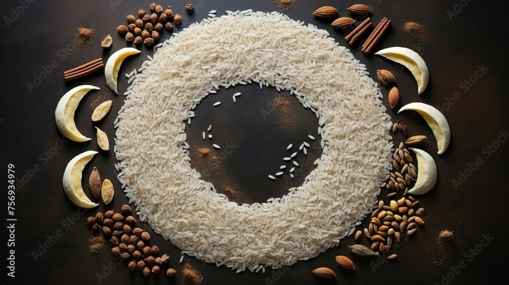 Symbolic arrangement: Uncooked rice grains meticulously shaped into a ...