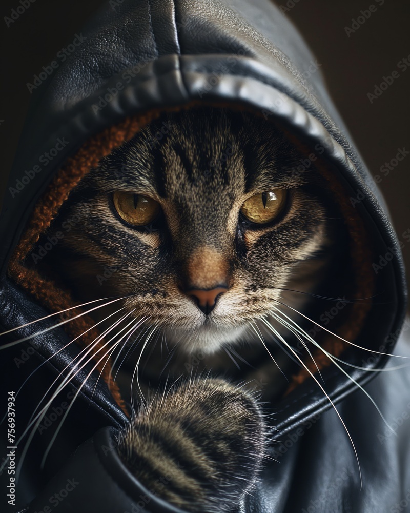 Cat in hooded leather jacket gives a fierce look.A captivating glimpse ...
