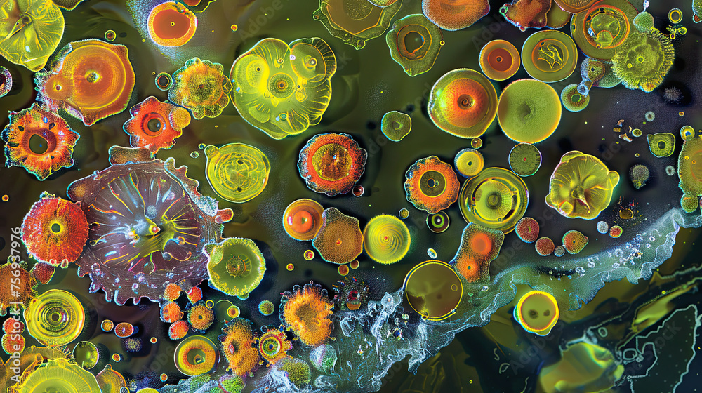 Colorful composite of diverse freshwater algae species in bloom ...