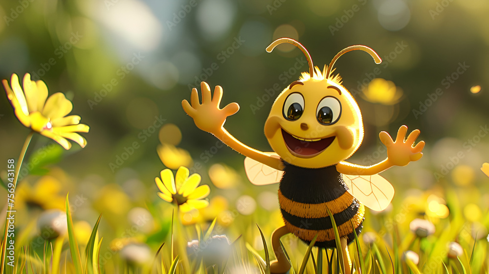 Cartoon Happy Bee Waving Hand - Cheerful Insect Character, Generative ...