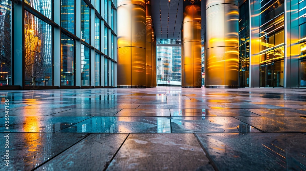Abstract night cityscape with polished metallic surfaces, pure gold ...