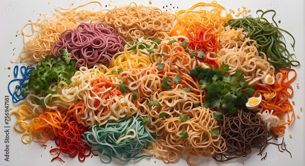 "A colorful array of different types of noodles, from spaghetti to udon ...