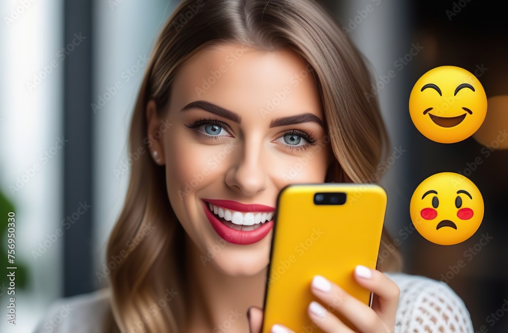 A beautiful young woman blogger, vlogger or influencer is receiving ...