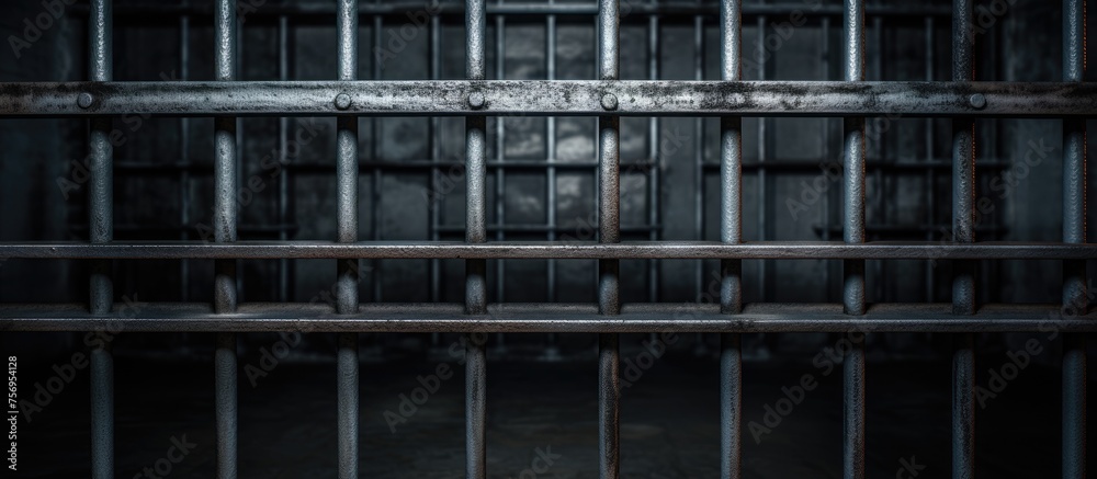 This black and white photo depicts a close-up of metal prison bars in a ...