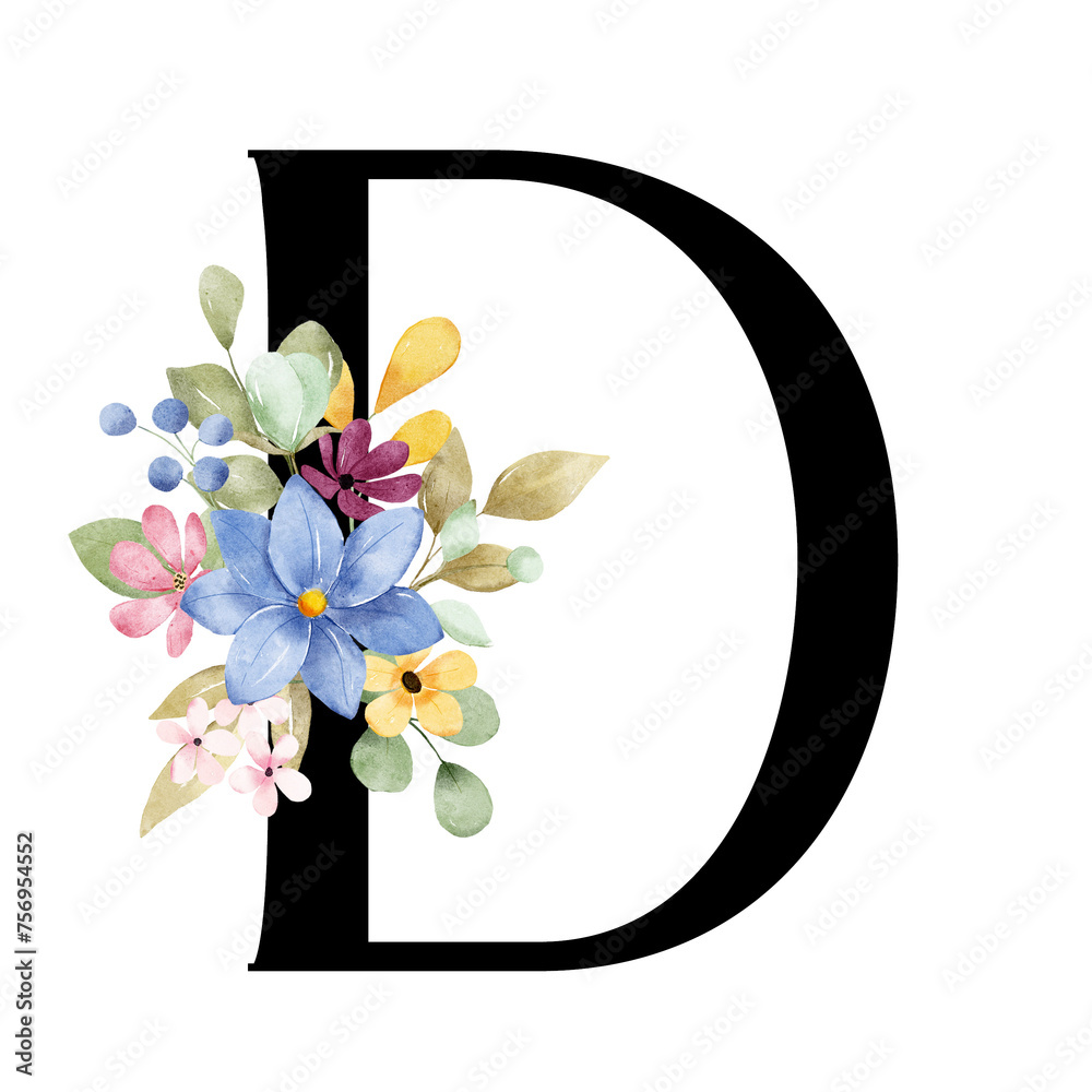 Letter D with watercolor flowers and leaf. Monogram initial, letterhead ...