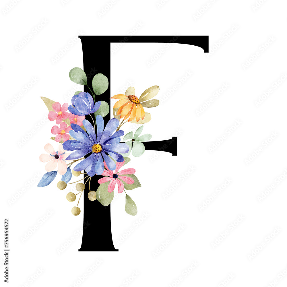 Letter F with watercolor flowers and leaf. Monogram initial, letterhead ...