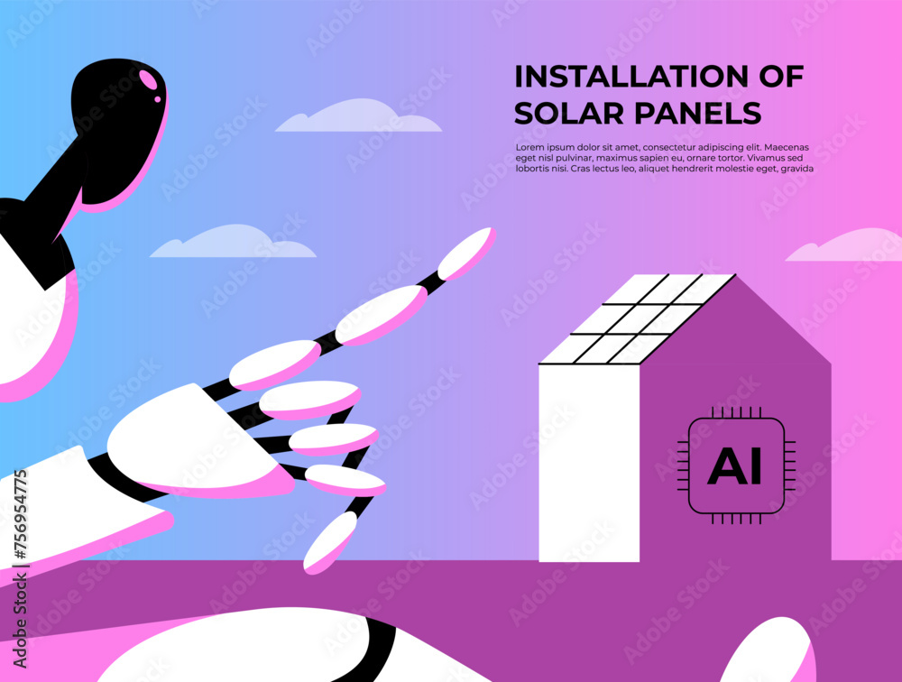 Installation of solar panel. Robot Worker on the roof of a house ...