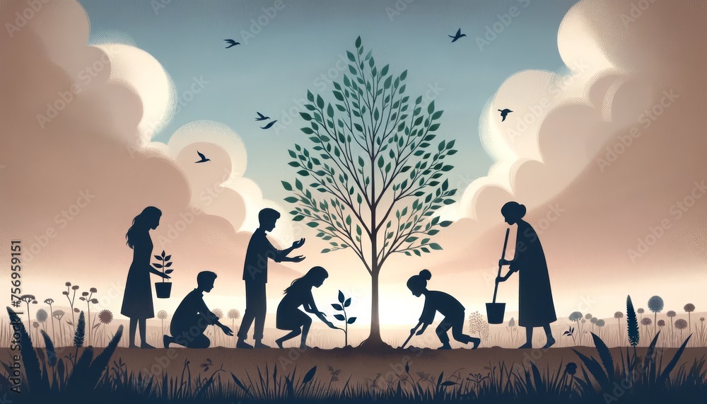 Design a whimsical, animated art style image that shows silhouettes of ...
