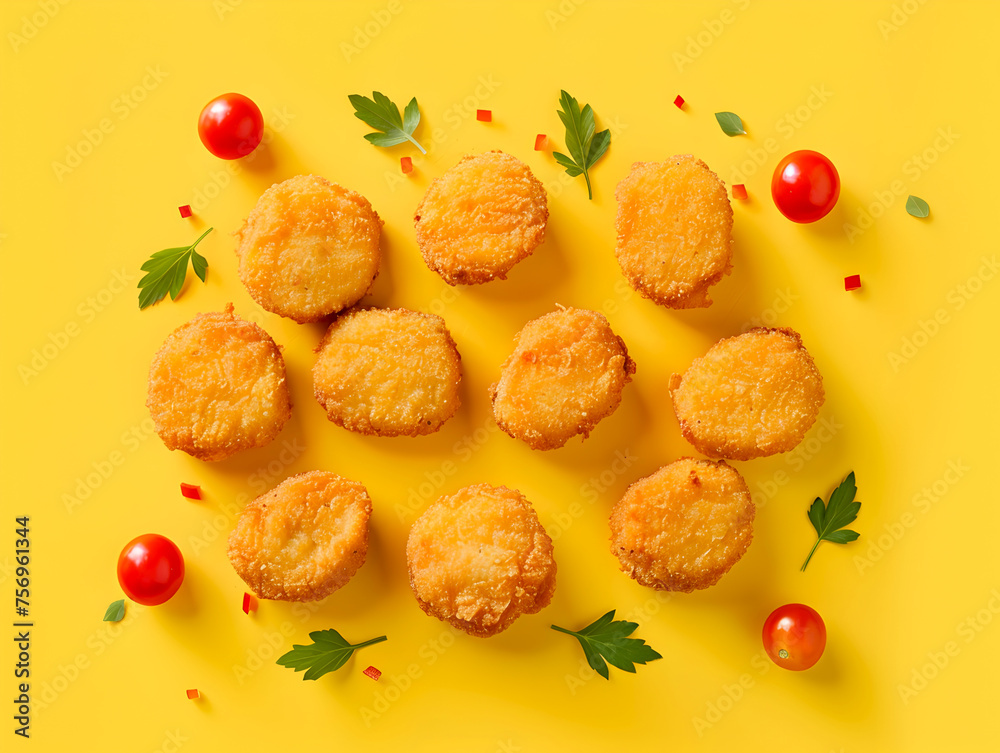 Chicken nuggets creatively arranged on a bright yellow background ...