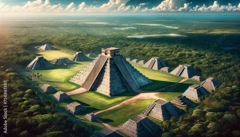 An aerial view of the entire Chichen Itza complex in Mexico, capturing ...