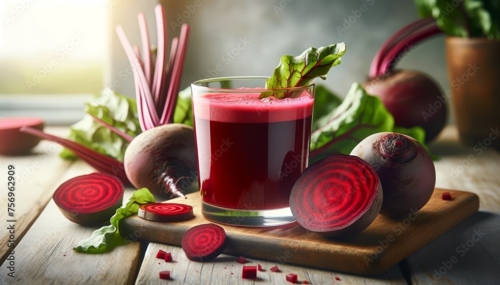 A highly detailed, medium shot image of beetroot juice in a glass, with ...