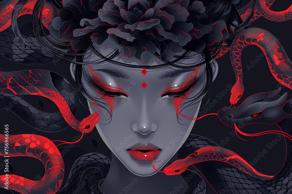 Queen snake charmer. Asian woman with snakes Stock Illustration | Adobe ...