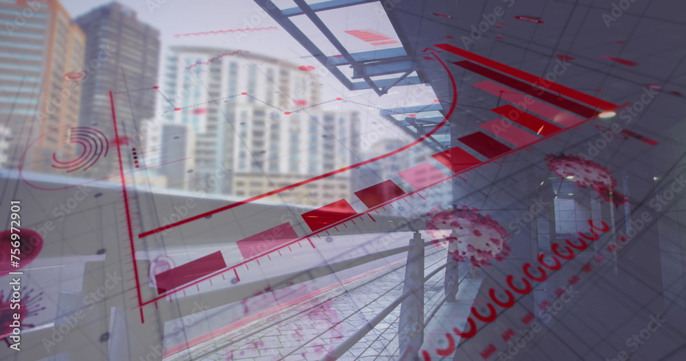 Image of digital interface with graphs and statistics over road and ...