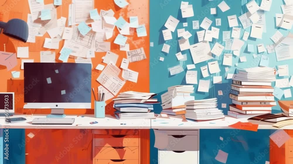 A juxtaposition of a messy desk with tered papers and a cluttered ...