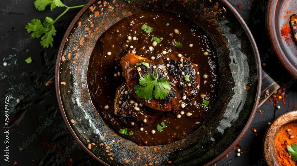 Authentic mole poblano over chicken, garnished with sesame seeds and ...