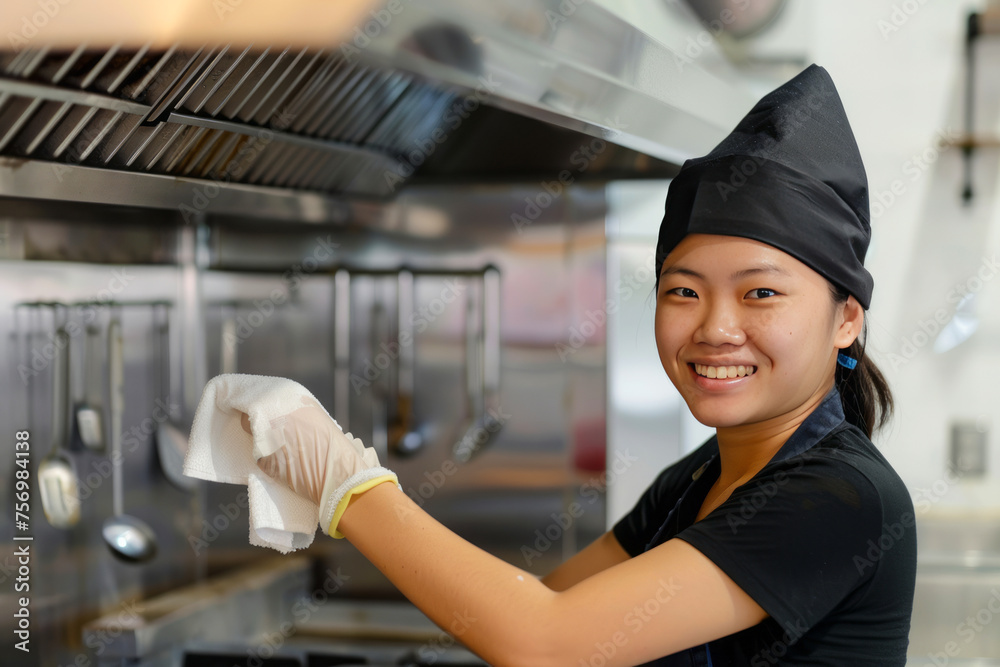 Happy Asian Chef Wiping Down Stainless Steel Kitchen Hood, Professional ...