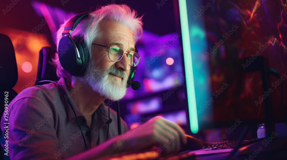 A gray-haired middle-aged man, a streamer wearing headphones, is ...