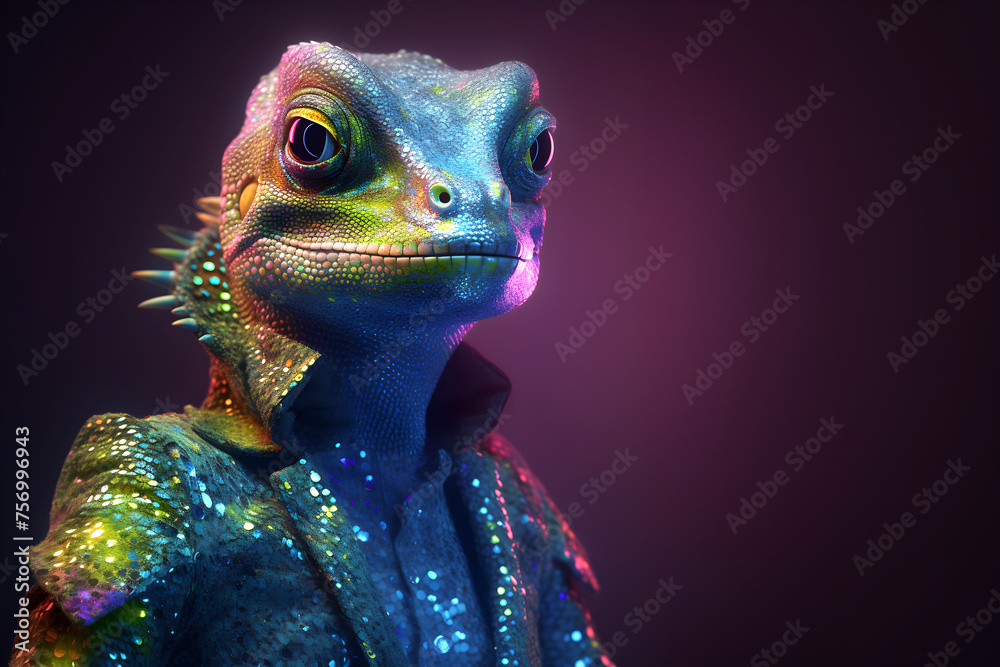 Creative animal concept. Gecko lizard in disco neon glitter glam shiny ...