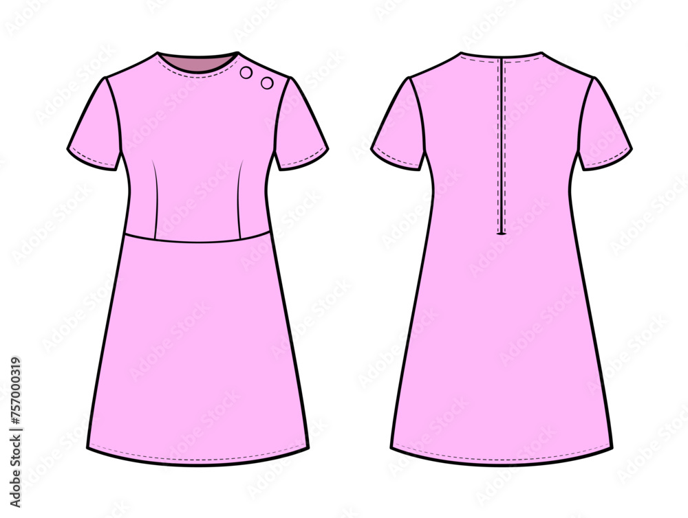 Basic female dress front and back view template flat sketch vector ...