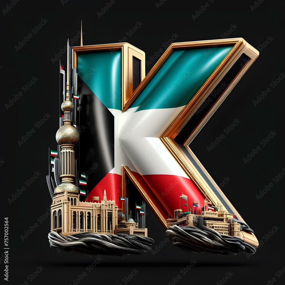 K Alphabet Kuwait country flag with famous building in 3d black ...