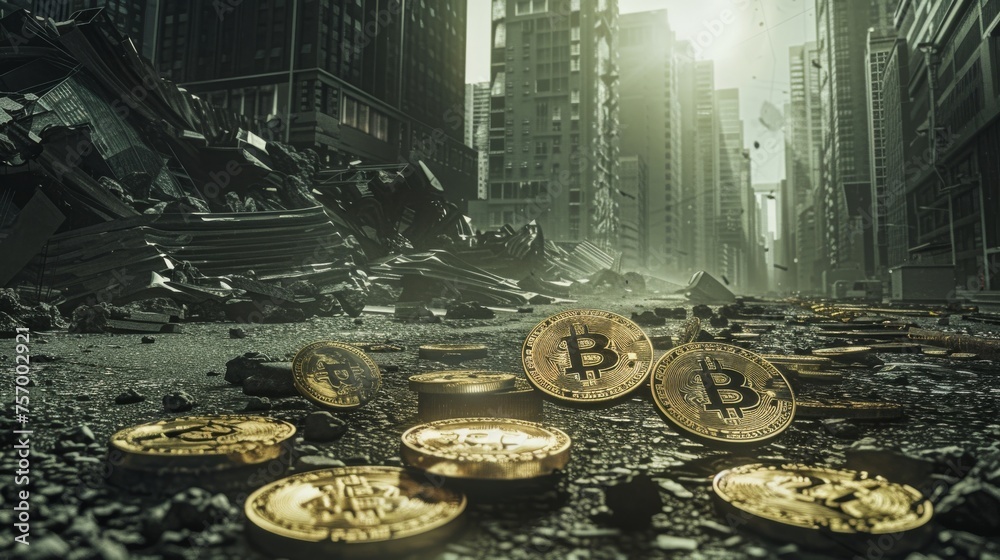 Bitcoin coins lie scattered on the streets of a desolate, post ...