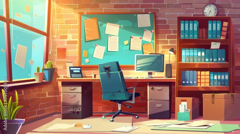 This modern cartoon illustrates an interior of a detective's office ...